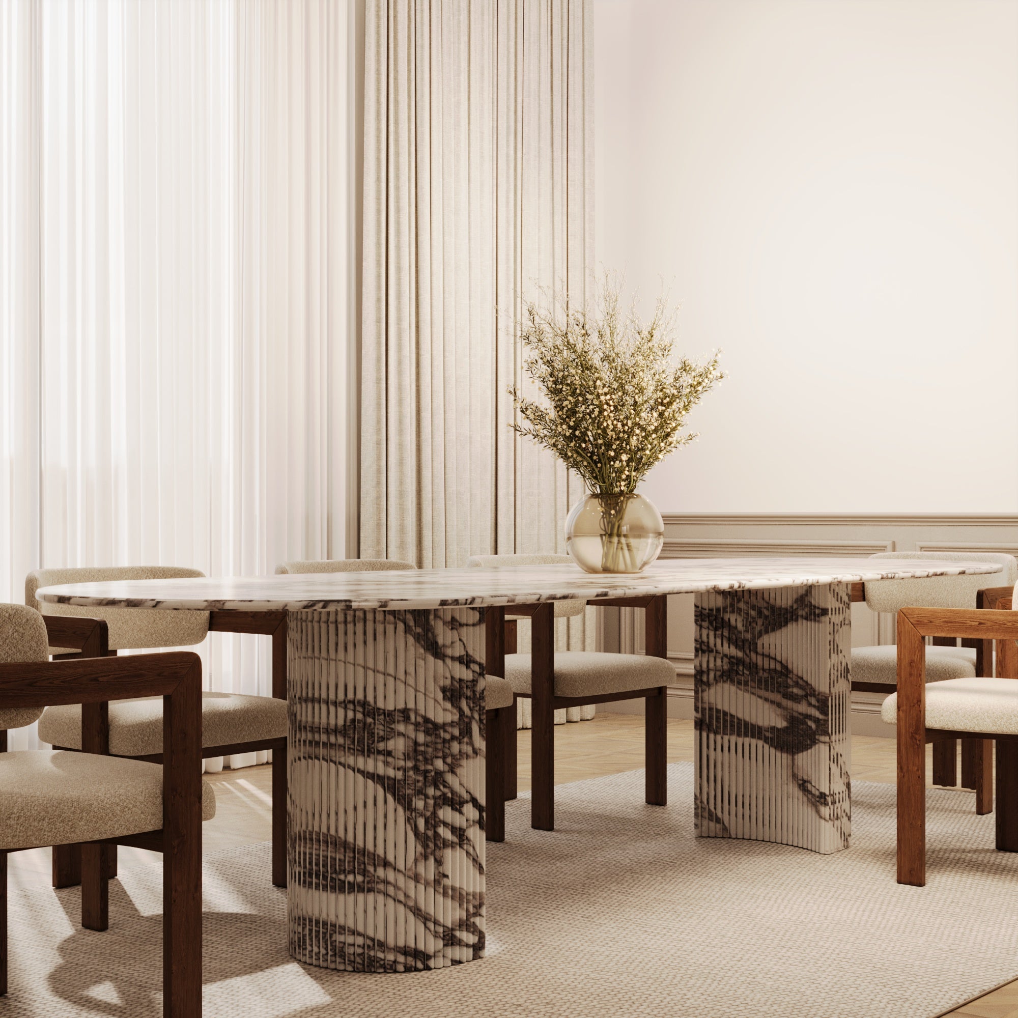 Aldo Calacatta Viola Oval Dining Table With Half Moon Fluted Base